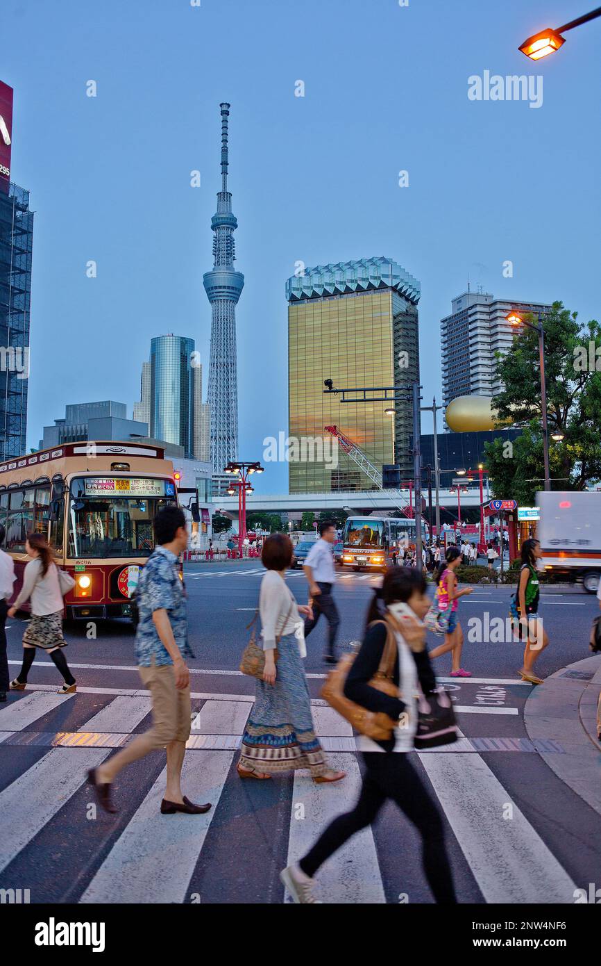 Crosswalk in Kaminarimon street, in background Sky Tree, Asakusa ...