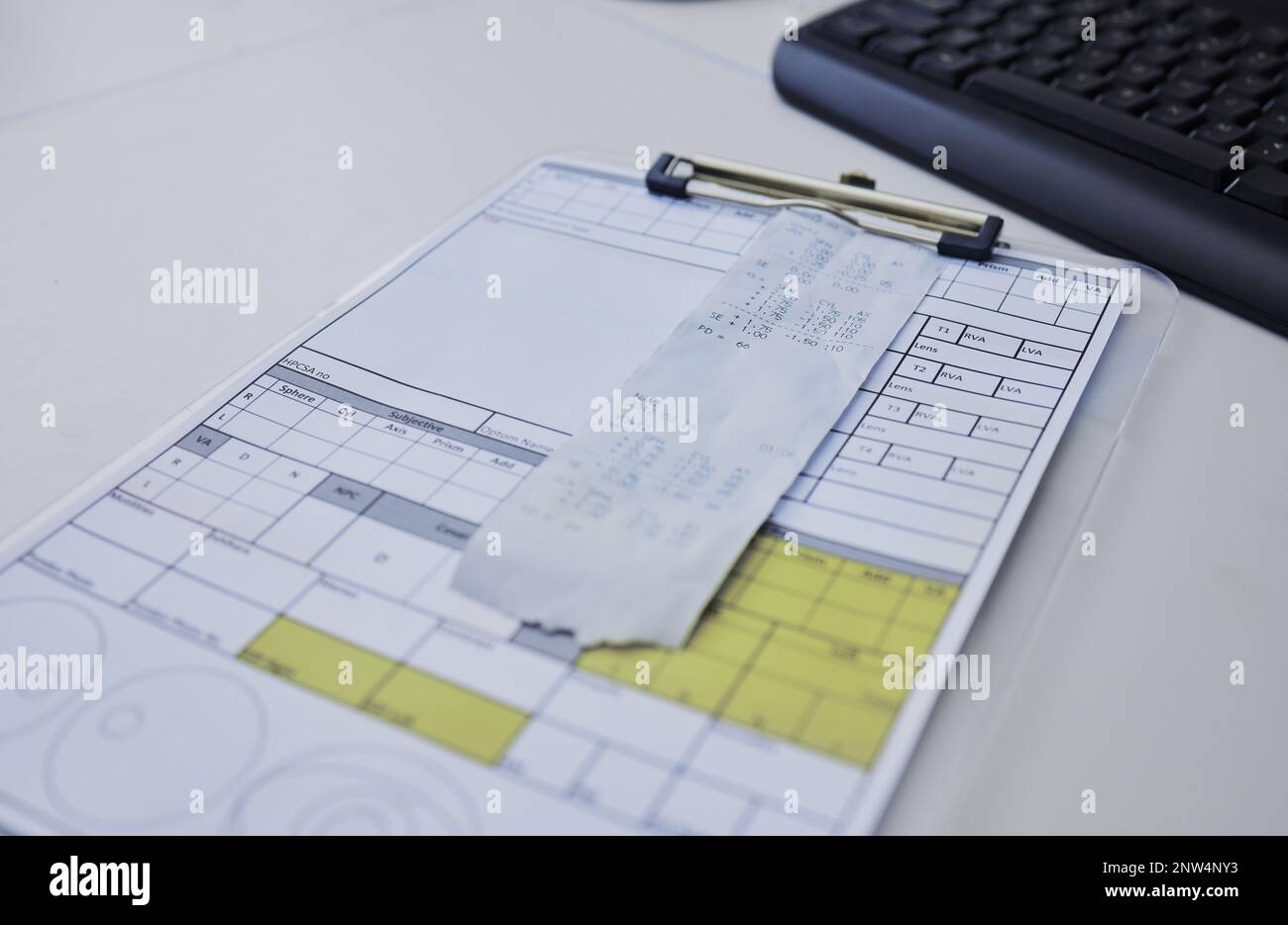 Closeup, clipboard and document with information, survey and checklist ...