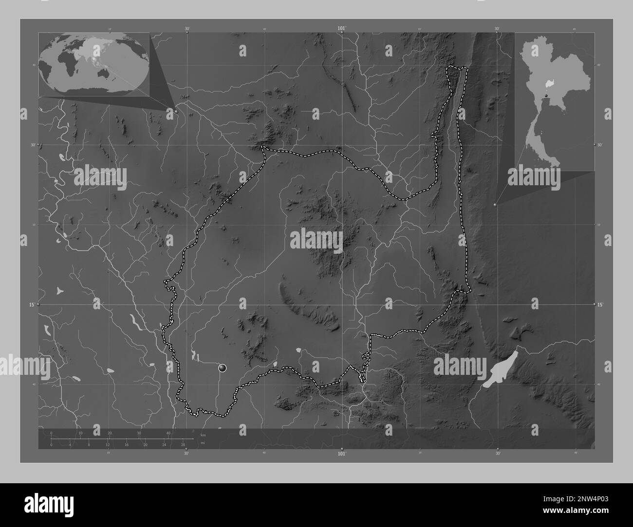 Lop Buri, province of Thailand. Grayscale elevation map with lakes and ...