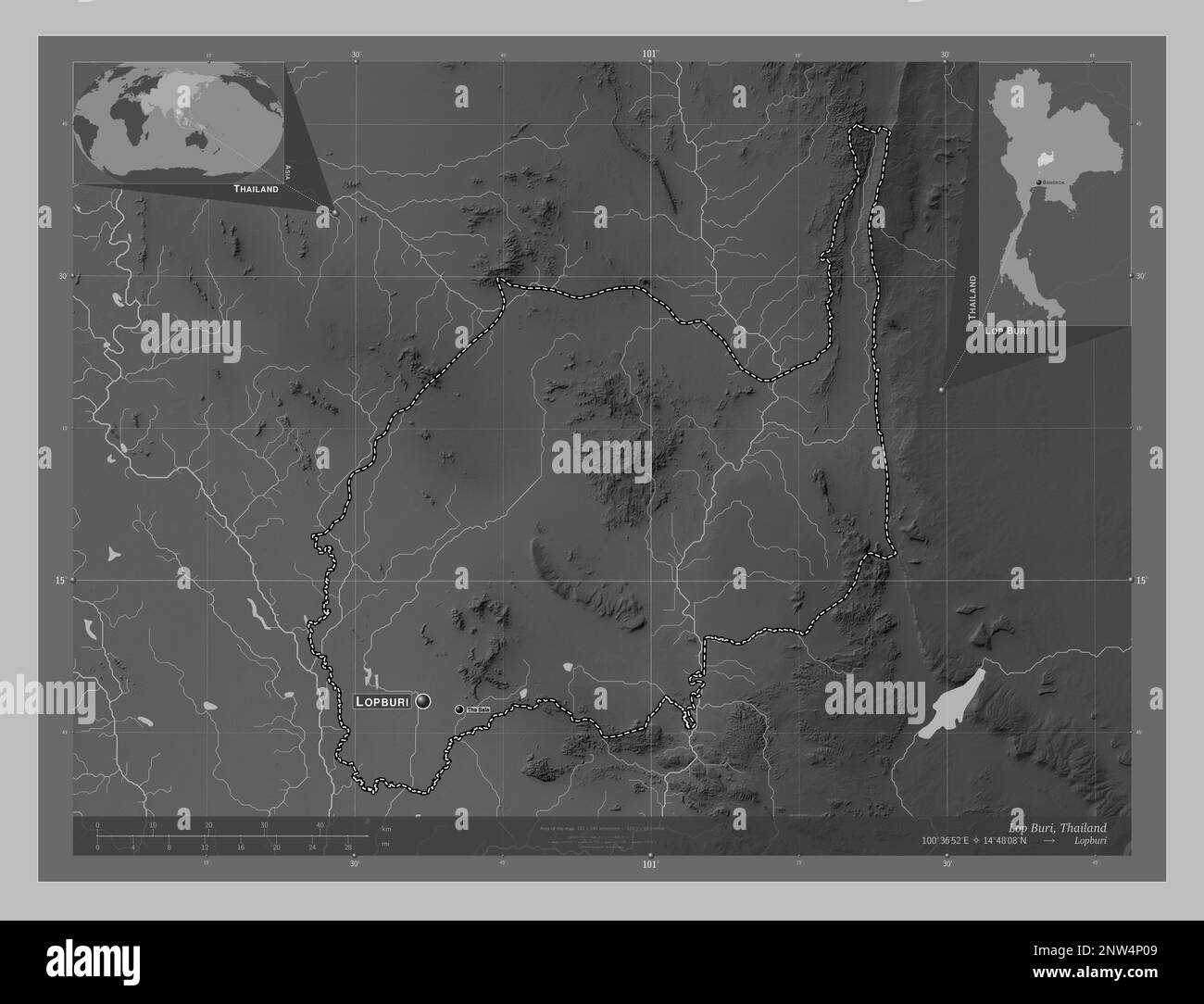 Lop Buri, province of Thailand. Grayscale elevation map with lakes and ...