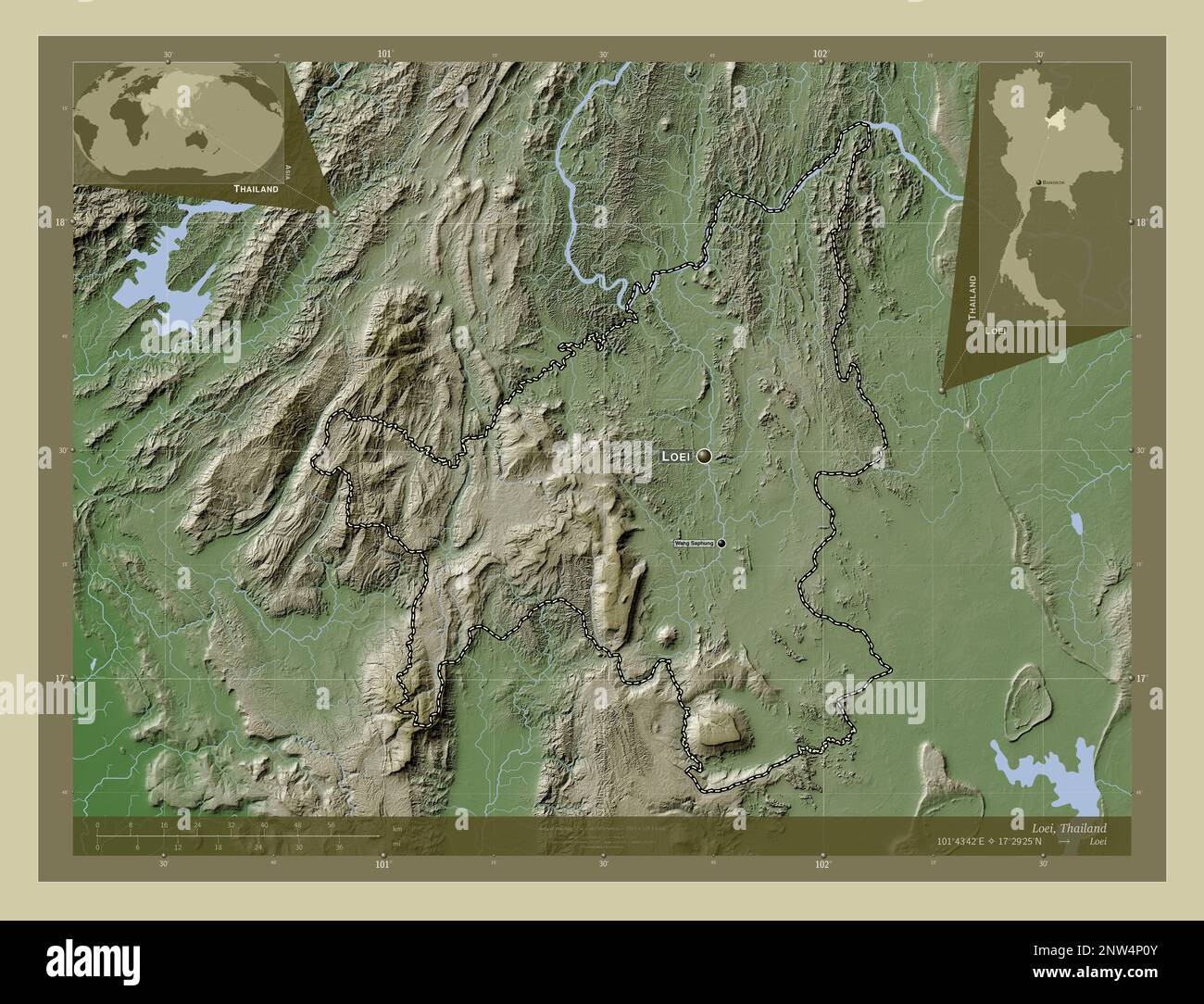 Loei, province of Thailand. Elevation map colored in wiki style with ...
