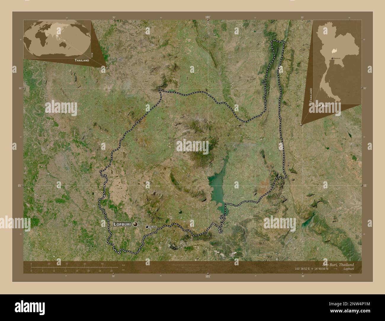 Lop Buri, province of Thailand. Low resolution satellite map. Locations ...