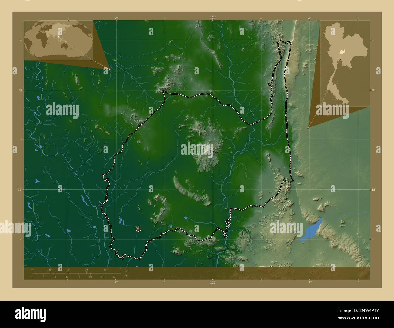 Lop Buri, province of Thailand. Colored elevation map with lakes and ...