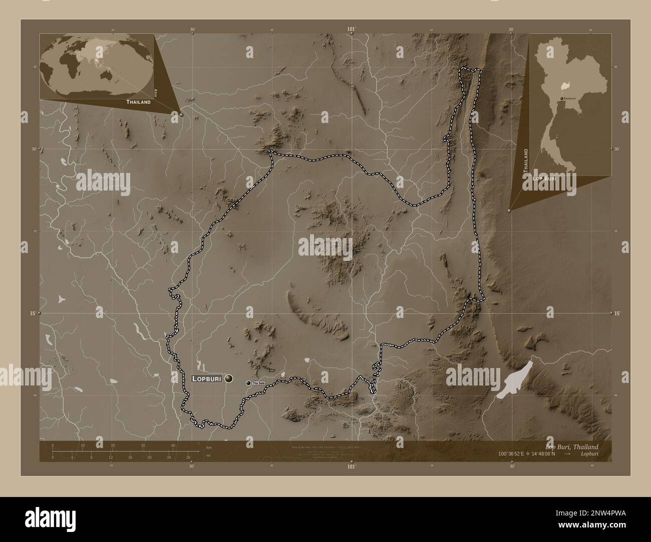 Lop Buri, province of Thailand. Elevation map colored in sepia tones ...