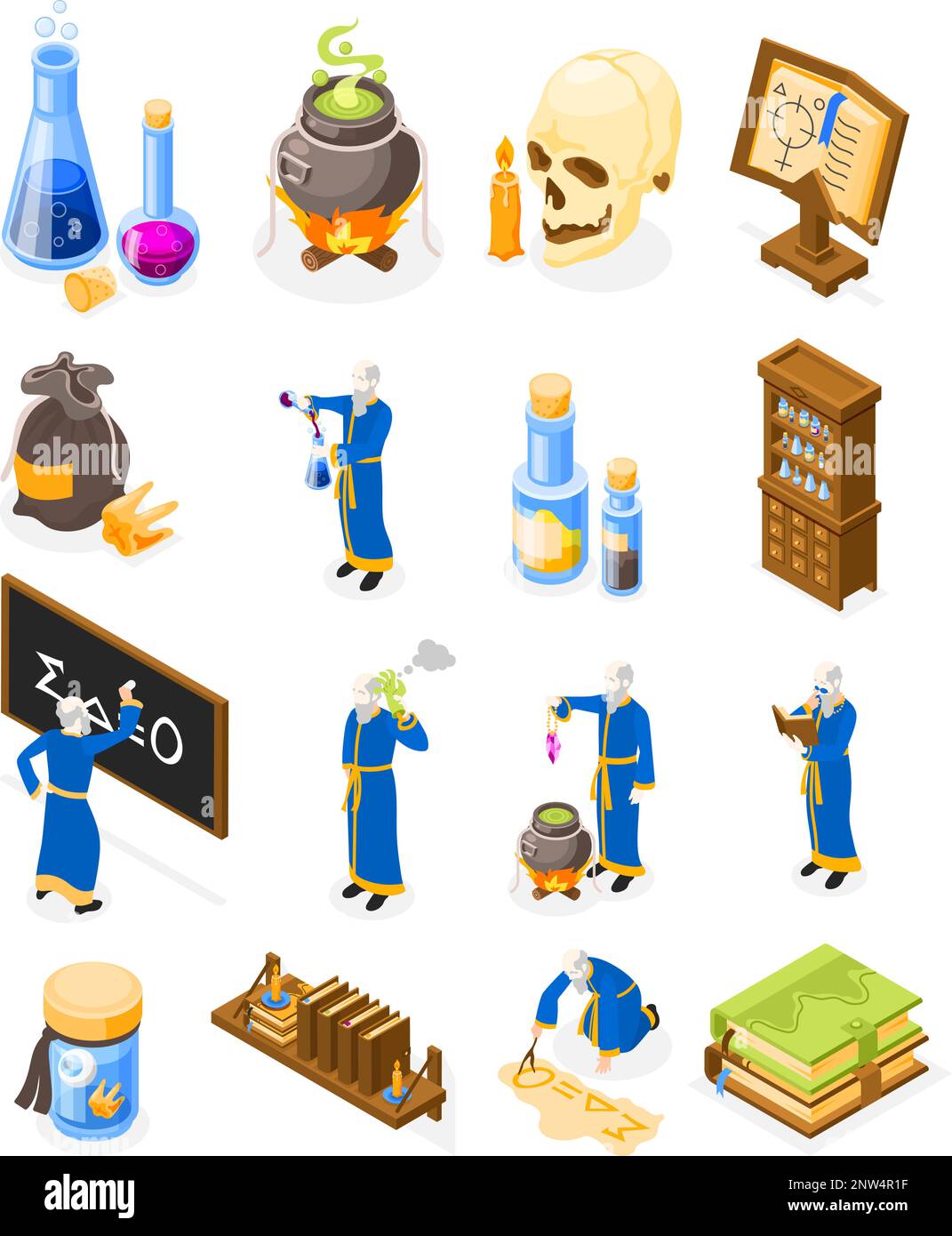 Isometric alchemy icons set with potions in flasks cauldron old ...