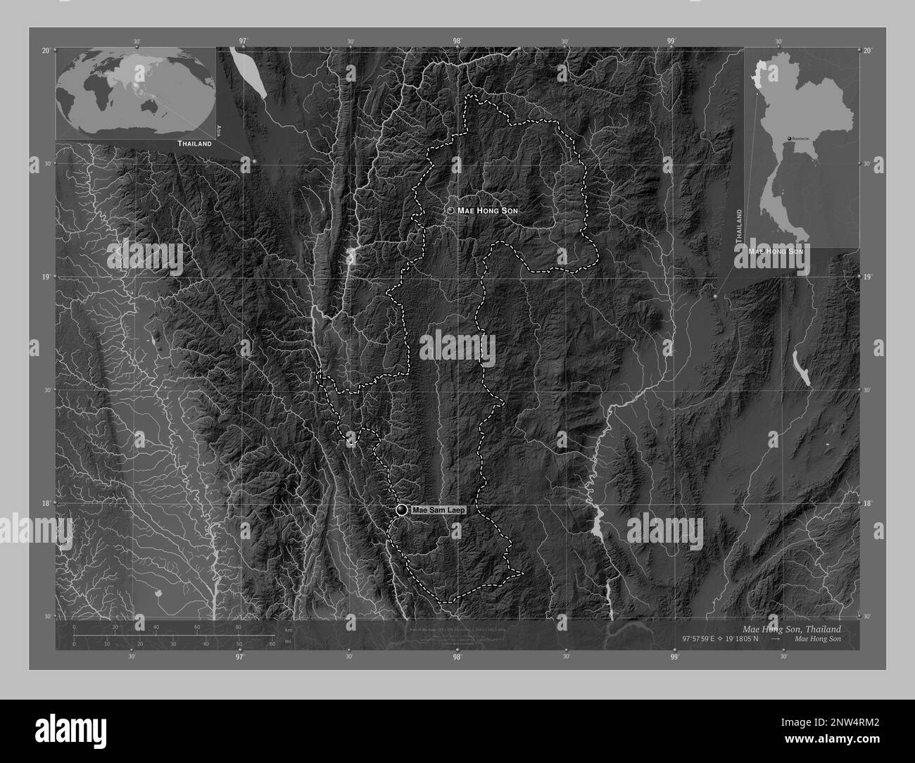 Mae Hong Son, province of Thailand. Grayscale elevation map with lakes ...