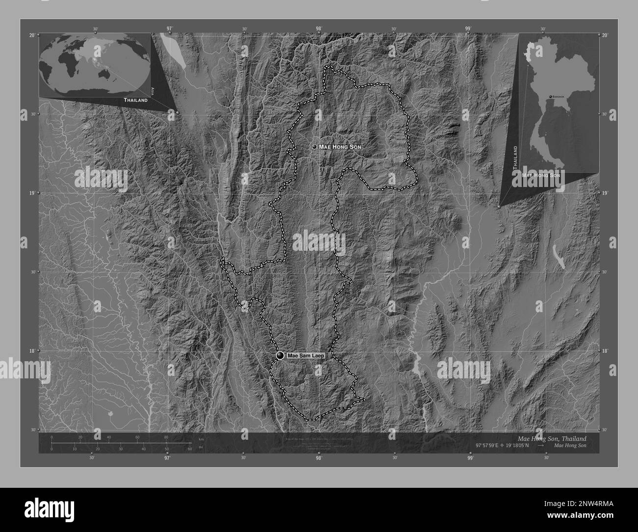 Mae Hong Son, province of Thailand. Bilevel elevation map with lakes ...
