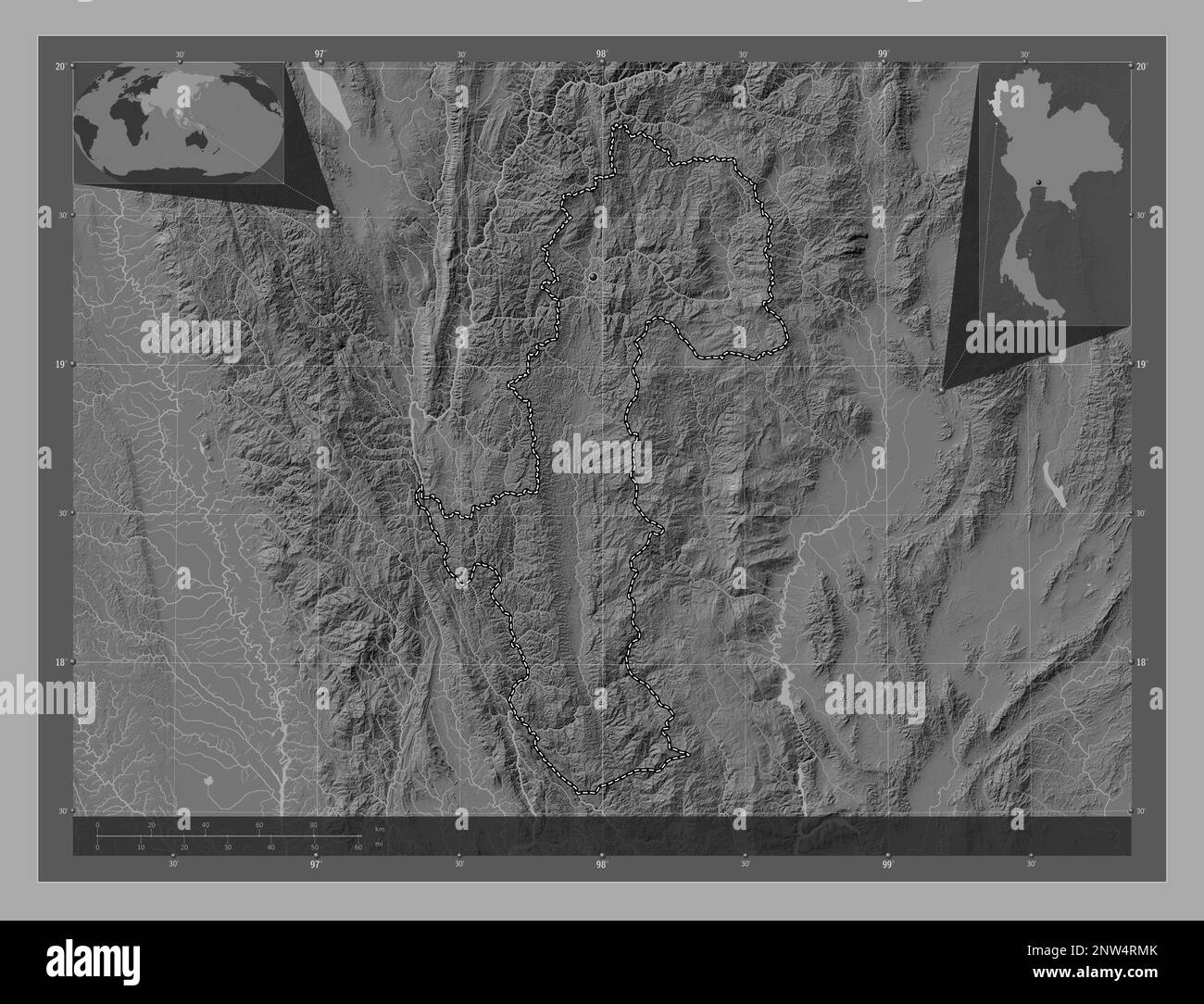 Mae Hong Son, province of Thailand. Bilevel elevation map with lakes ...