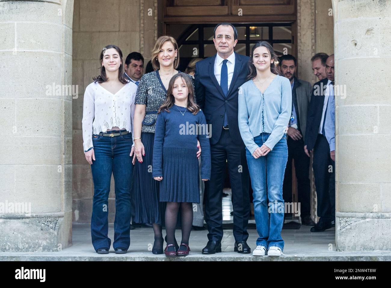 The new President, Nicos Christodoulides, is posing with his family ...