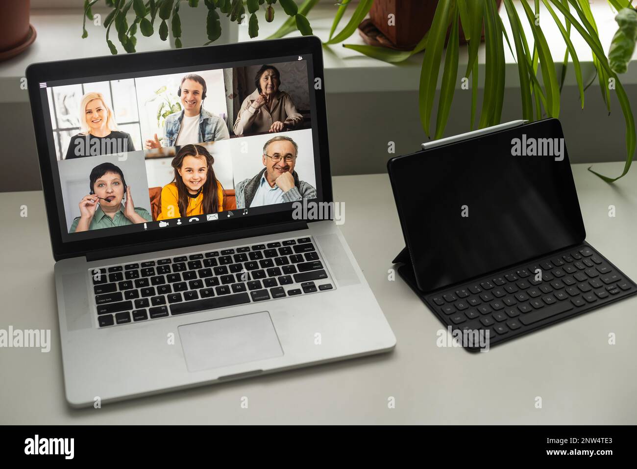 Virtual meeting online. Video conference by laptop. Online business ...