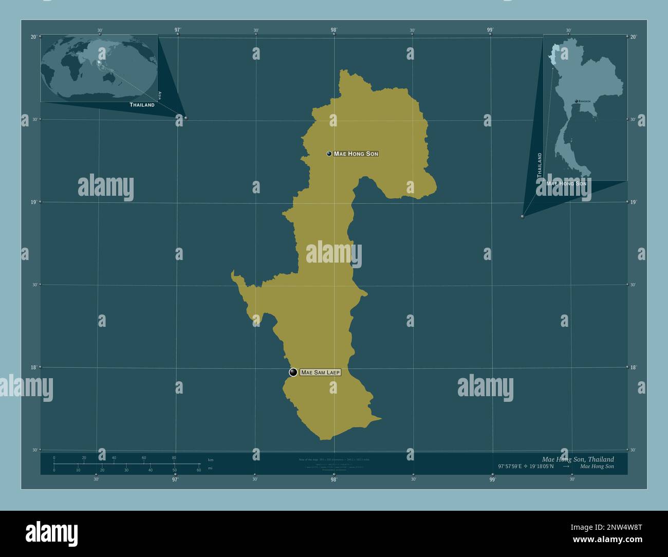 Mae Hong Son, province of Thailand. Solid color shape. Locations and ...