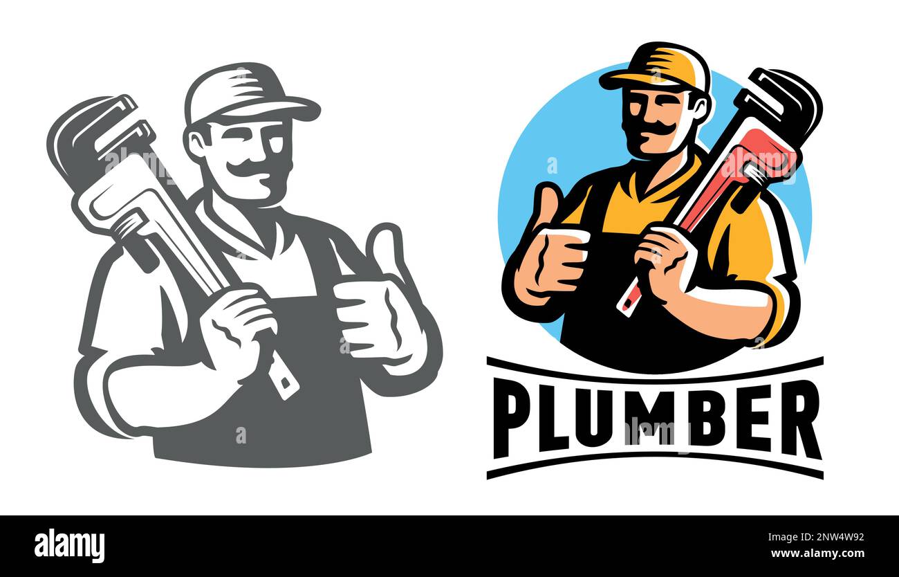 Plumber with plumbing wrench. Technical service logo, emblem ...