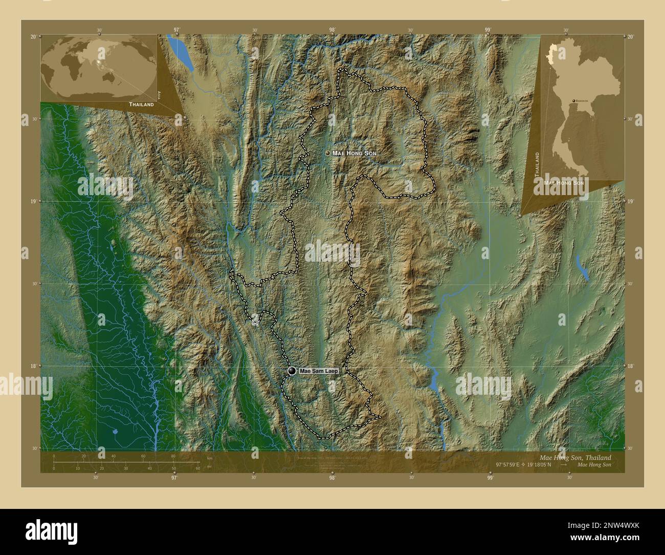 Mae Hong Son, province of Thailand. Colored elevation map with lakes ...
