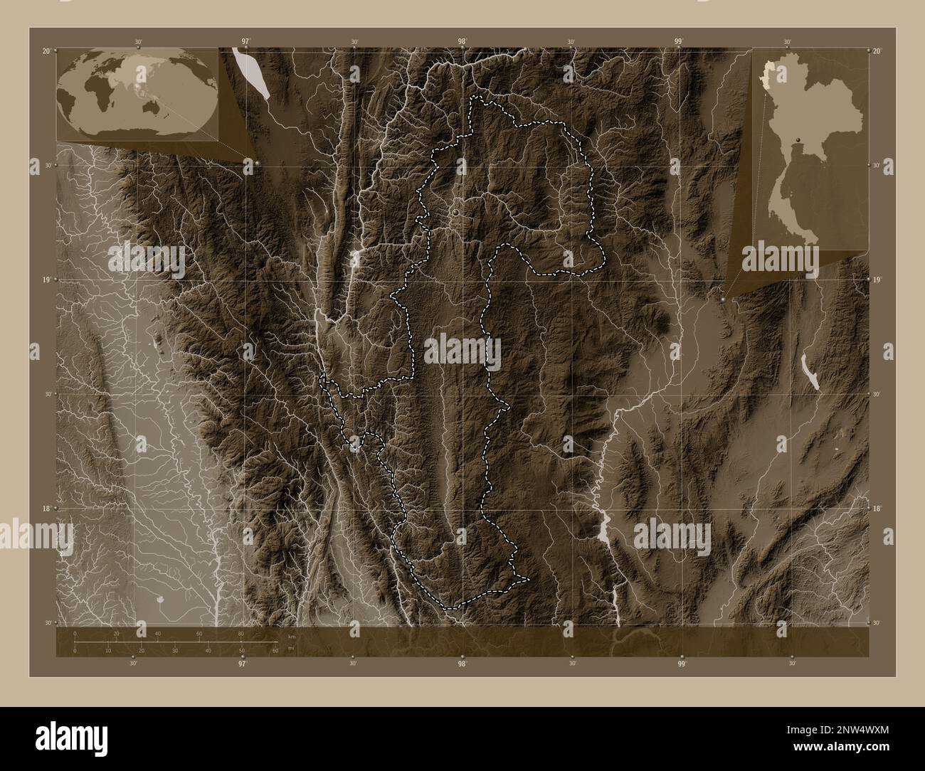 Mae Hong Son, province of Thailand. Elevation map colored in sepia ...