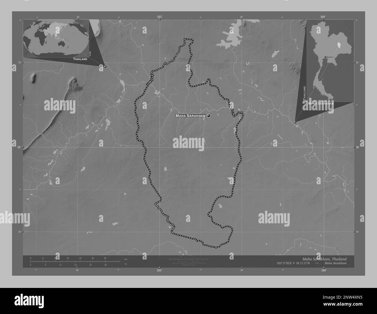 Maha Sarakham, province of Thailand. Grayscale elevation map with lakes ...