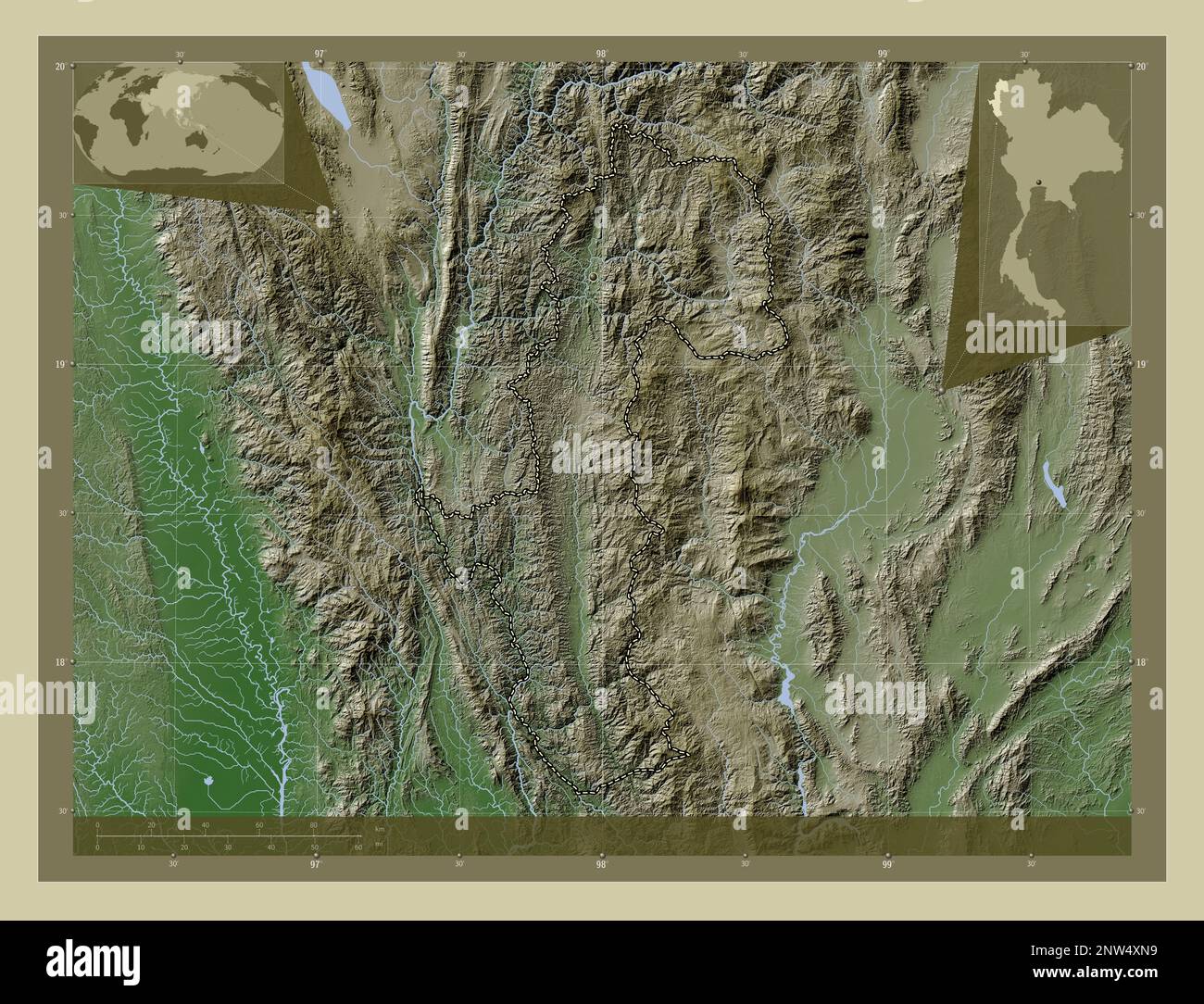 Mae Hong Son, province of Thailand. Elevation map colored in wiki style ...