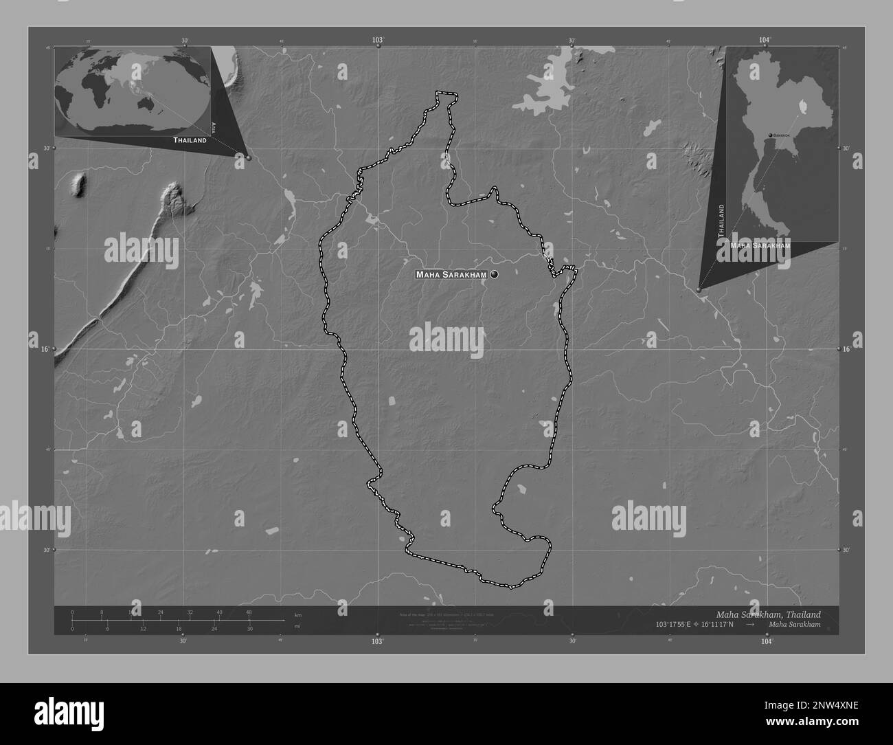 Maha Sarakham, province of Thailand. Bilevel elevation map with lakes ...