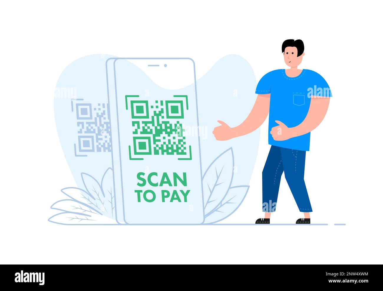 A man stands near the smartphone, on the screen qr code and text scan ...