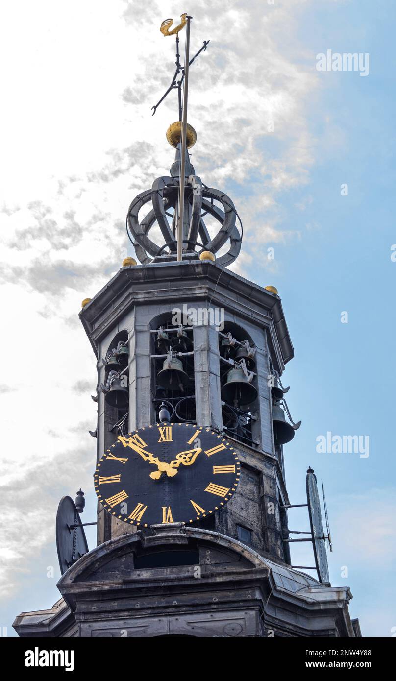 Black Dial Clock With Golden Needles at Church Tower in Amsterdam Stock ...