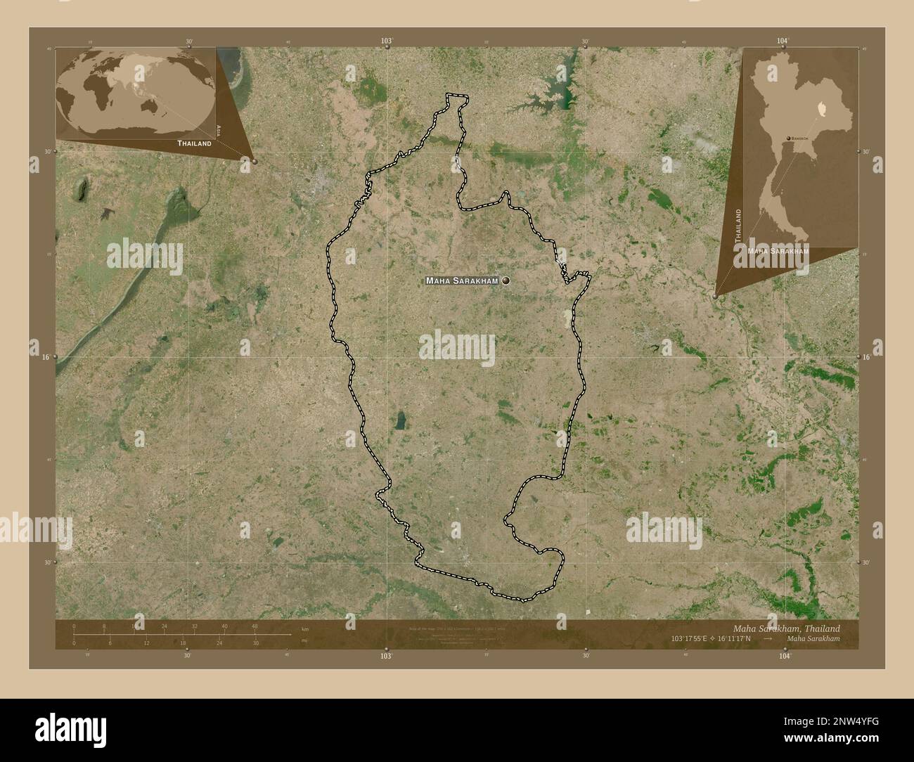 Maha Sarakham, province of Thailand. Low resolution satellite map ...