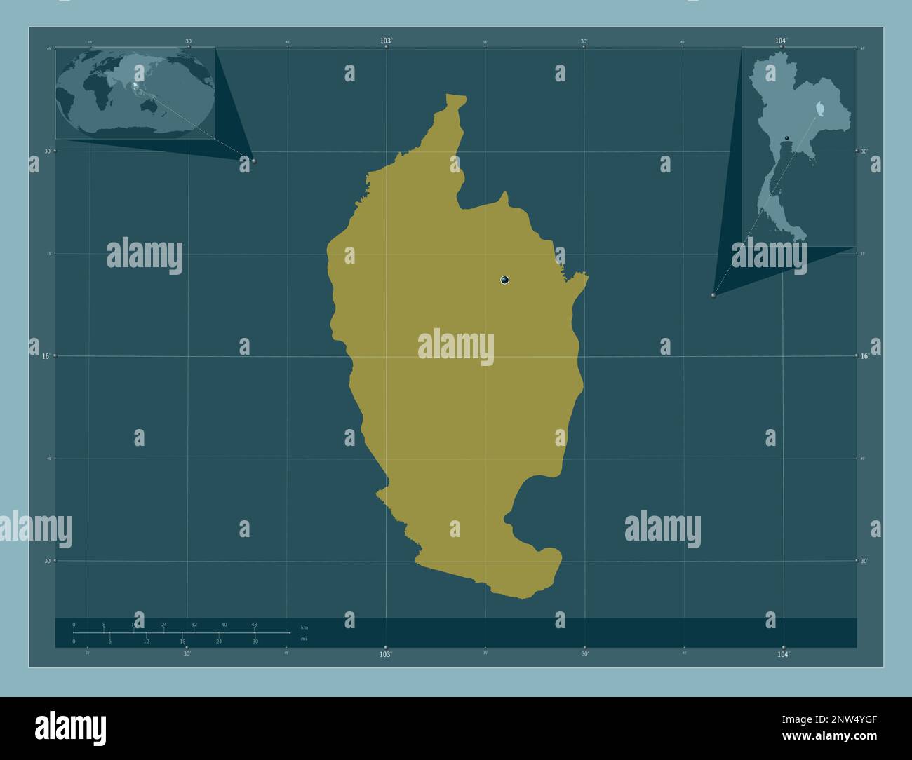 Maha Sarakham, province of Thailand. Solid color shape. Locations of ...
