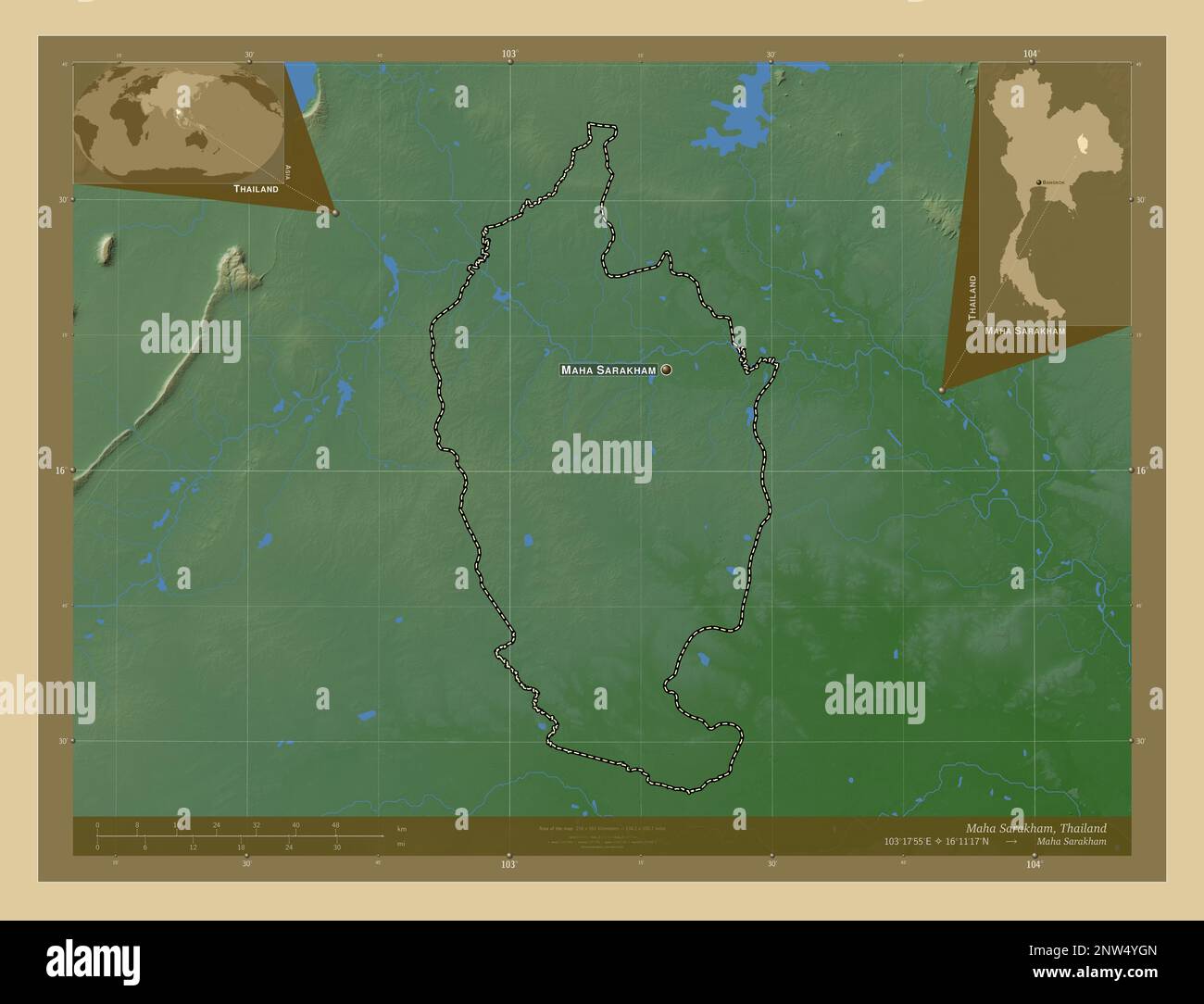Maha Sarakham, province of Thailand. Colored elevation map with lakes ...