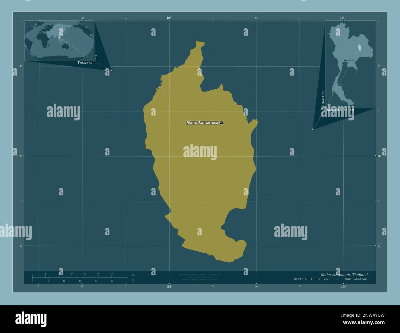 Maha Sarakham, province of Thailand. Solid color shape. Locations and ...