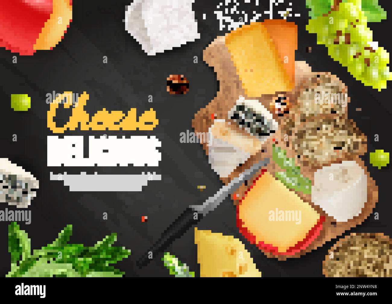 Realistic cheese chalkboard composition with cheese plate with bread ...