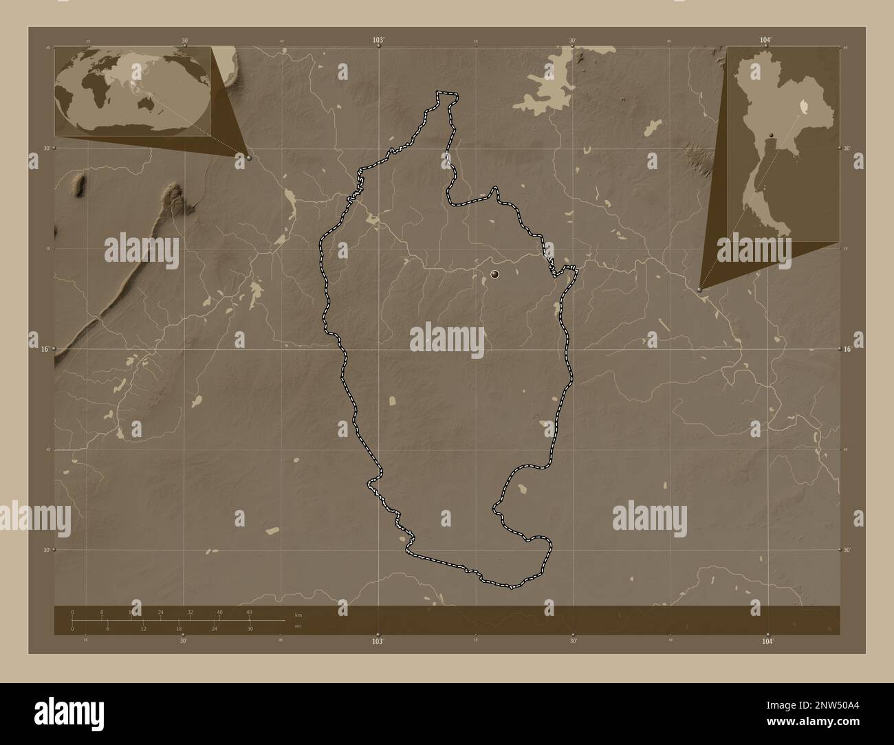 Maha Sarakham, province of Thailand. Elevation map colored in sepia ...