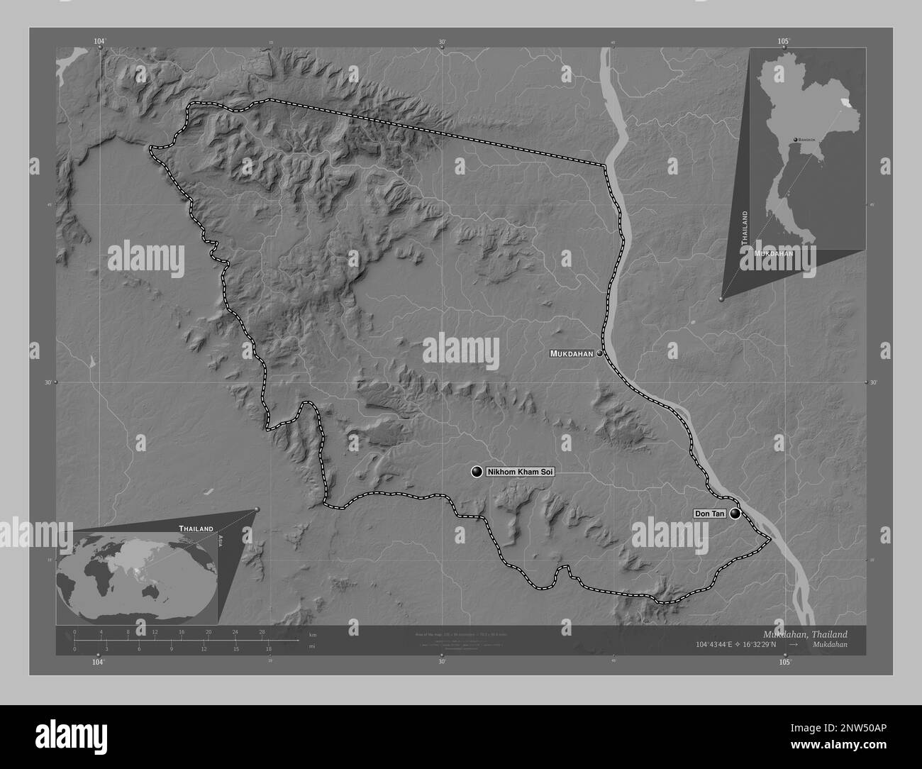 Mukdahan, province of Thailand. Grayscale elevation map with lakes and ...