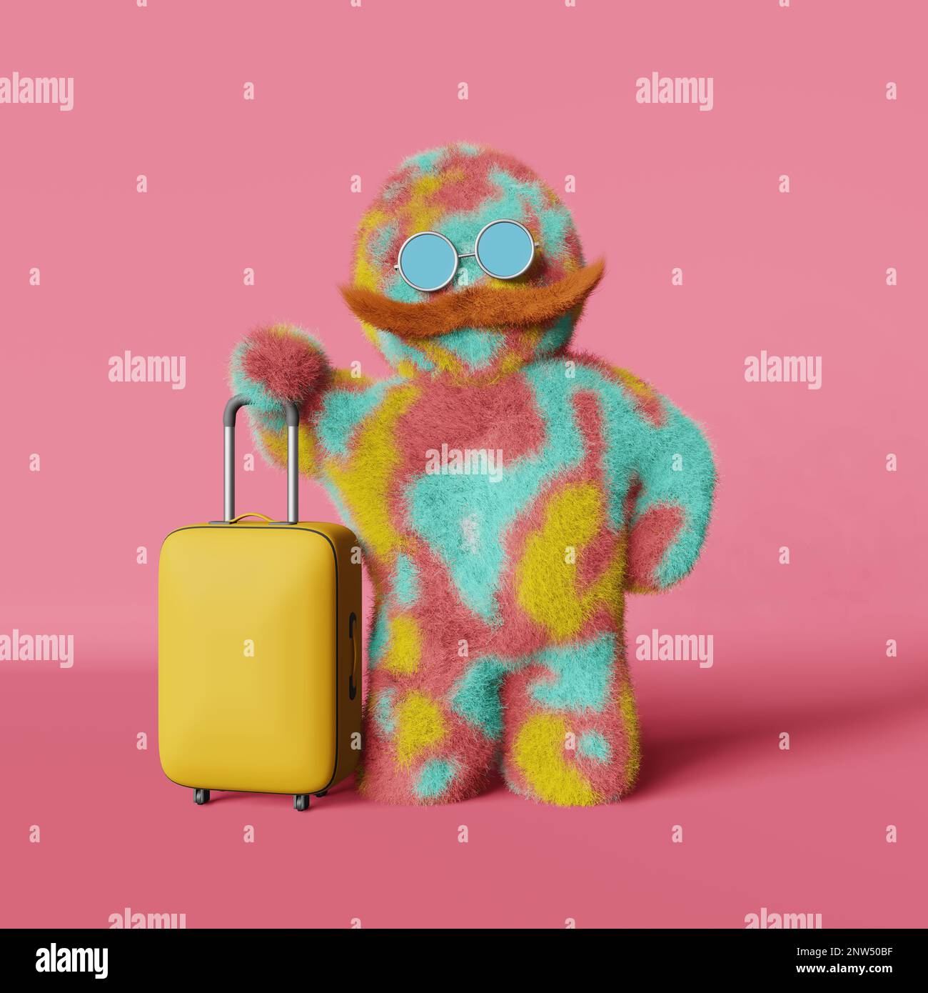 Rainbow Yeti with yellow suitcase pink background 3d rendering ...