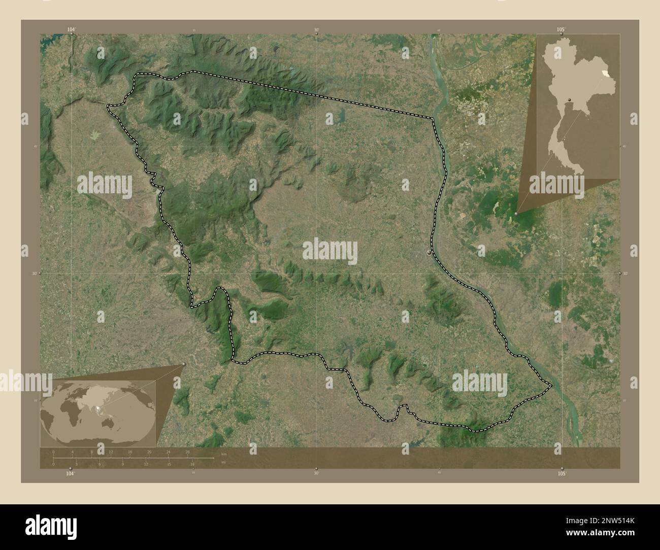 Mukdahan, province of Thailand. High resolution satellite map. Corner ...
