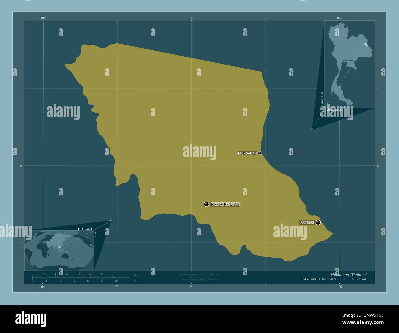 Mukdahan, province of Thailand. Solid color shape. Locations and names ...