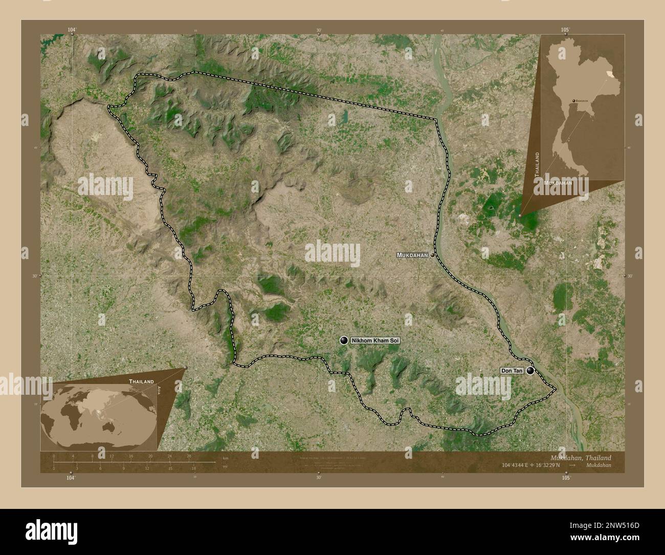 Mukdahan, province of Thailand. Low resolution satellite map. Locations ...