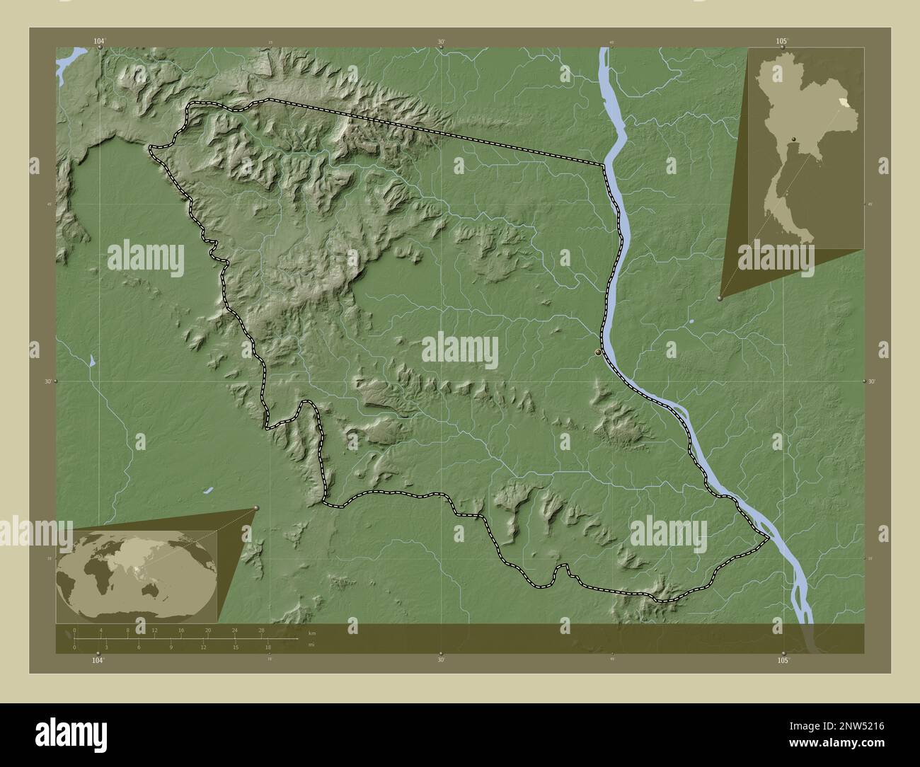Mukdahan, province of Thailand. Elevation map colored in wiki style ...