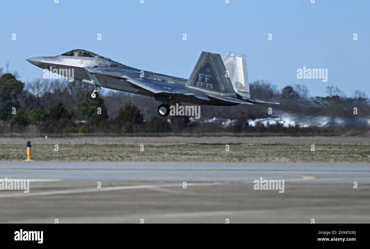 An F-22 Raptor takes off from Joint Base Langley-Eustis, Virginia, Feb ...