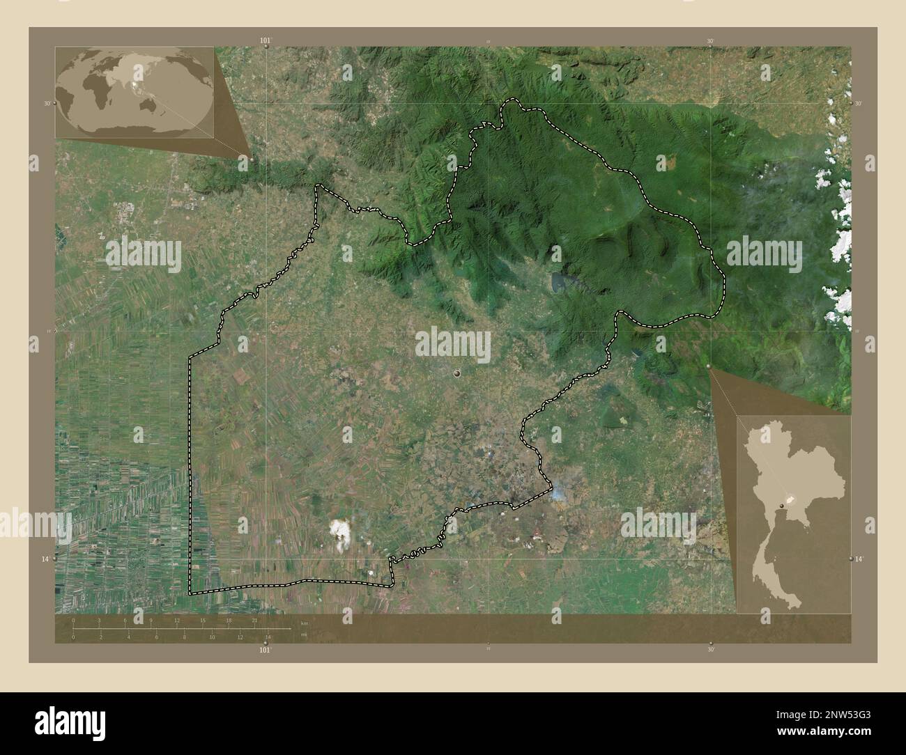 Nakhon Nayok, province of Thailand. High resolution satellite map. Corner auxiliary location ...