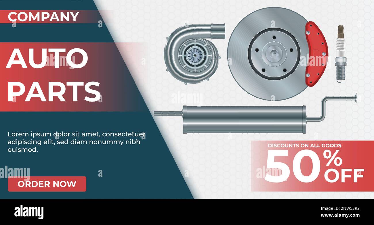 Auto parts realistic banner with company sale symbols vector ...