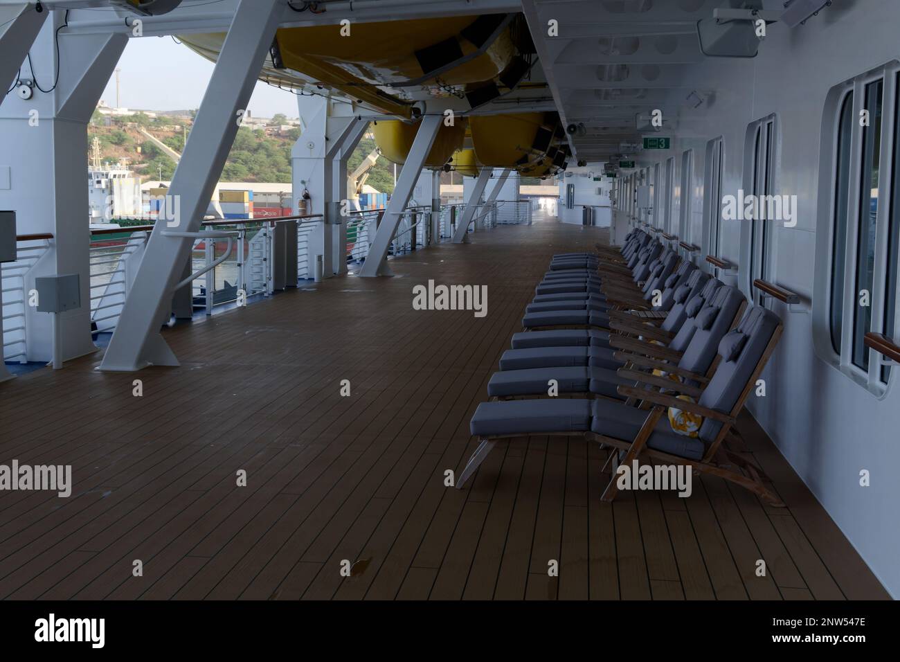 The outside deck pf a cruise ship moored in Porto Praia harbor showing ...