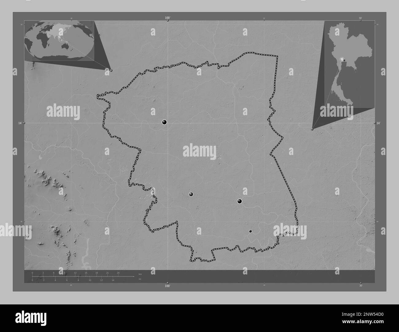 Nakhon Pathom, province of Thailand. Grayscale elevation map with lakes ...