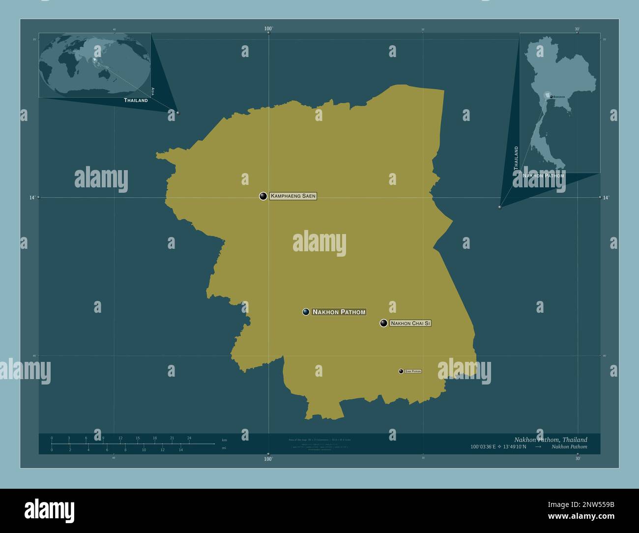 Nakhon Pathom, province of Thailand. Solid color shape. Locations and ...