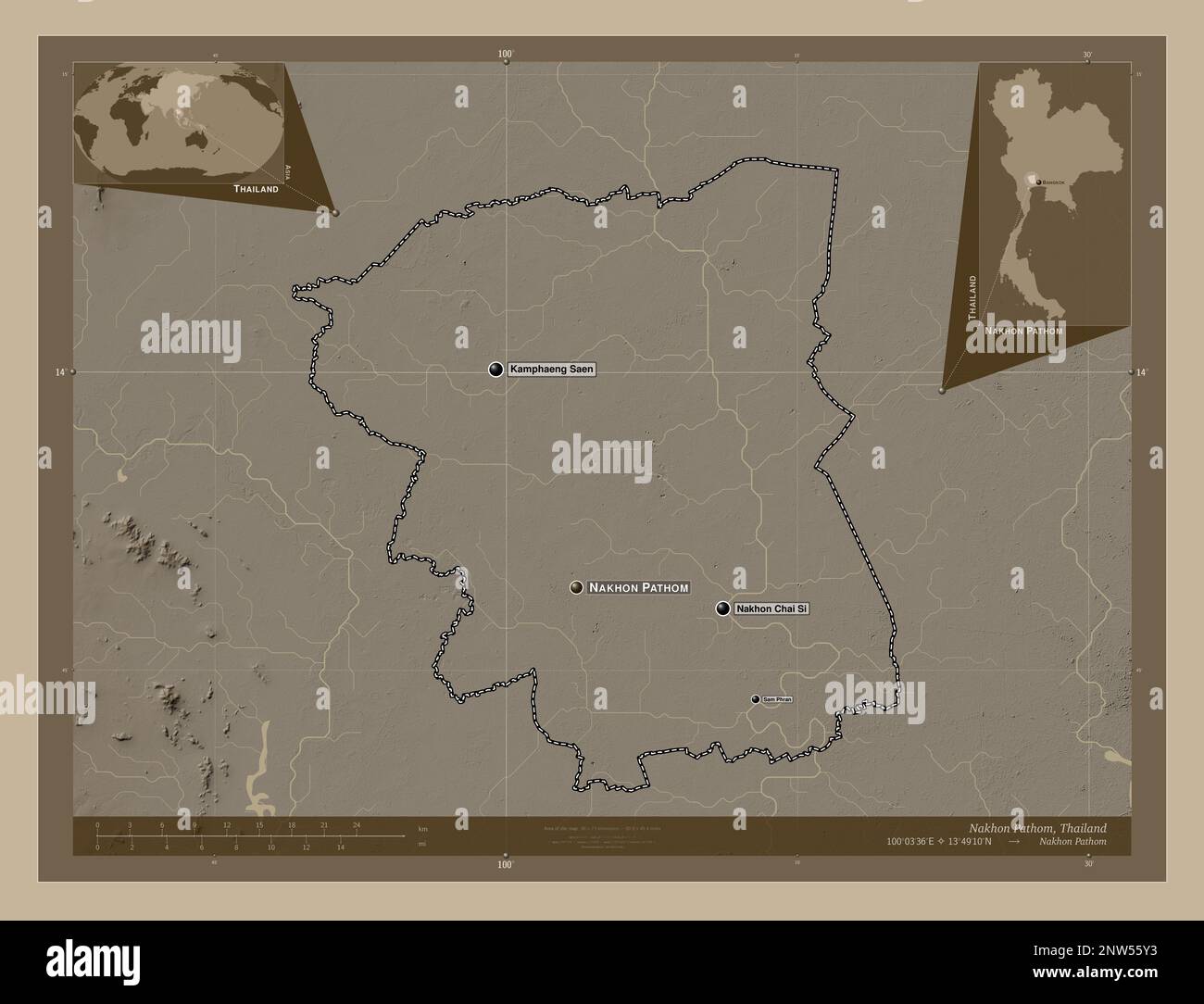 Nakhon Pathom, province of Thailand. Elevation map colored in sepia ...