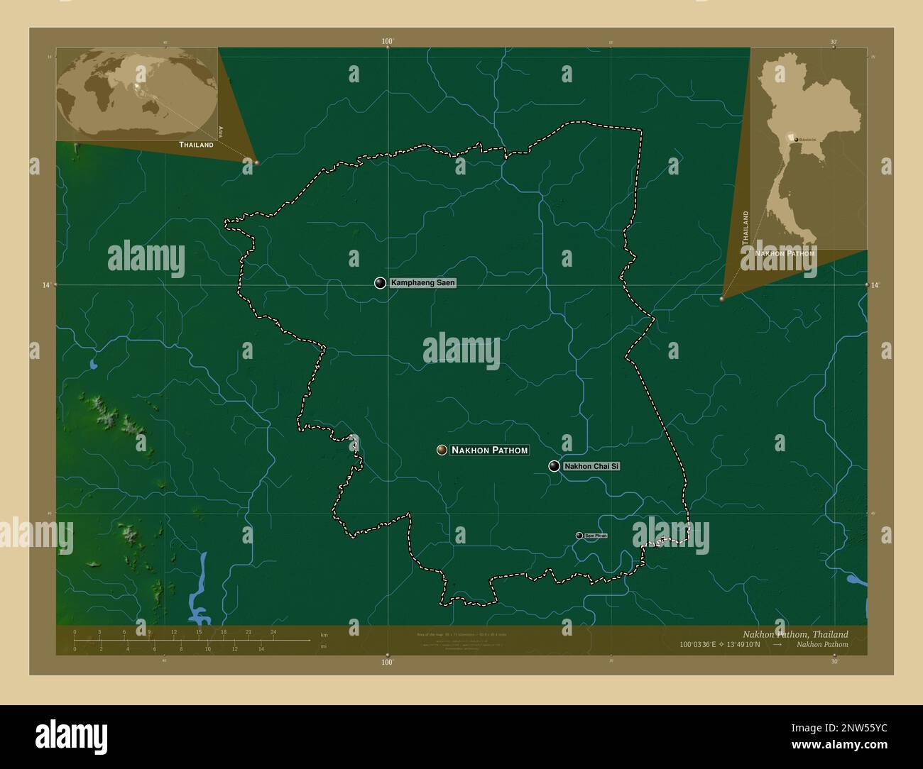Nakhon Pathom, province of Thailand. Colored elevation map with lakes ...