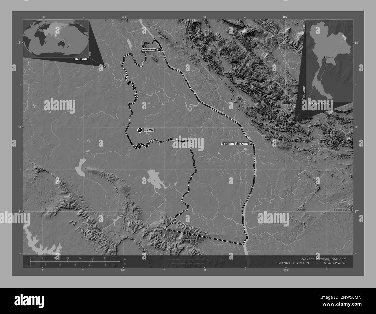 Nakhon Phanom, province of Thailand. Bilevel elevation map with lakes ...