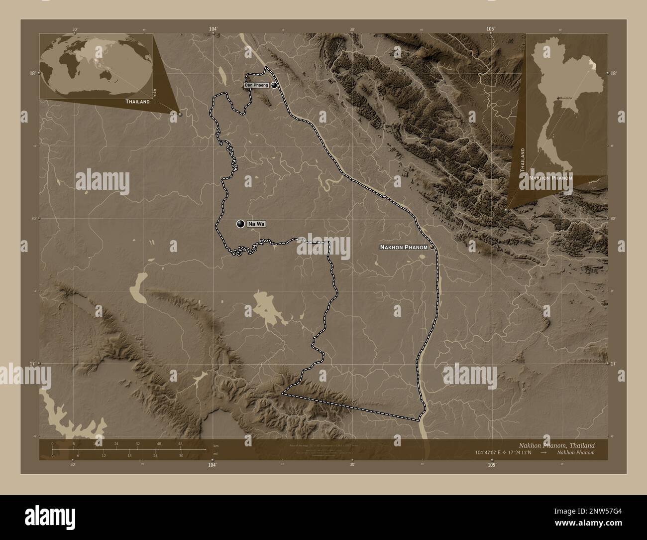 Nakhon Phanom, province of Thailand. Elevation map colored in sepia ...