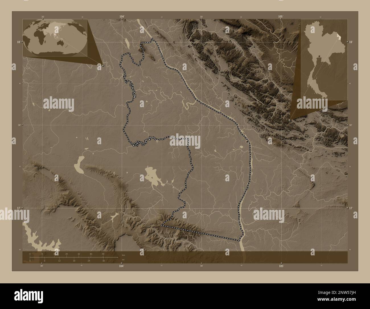 Nakhon Phanom, province of Thailand. Elevation map colored in sepia ...