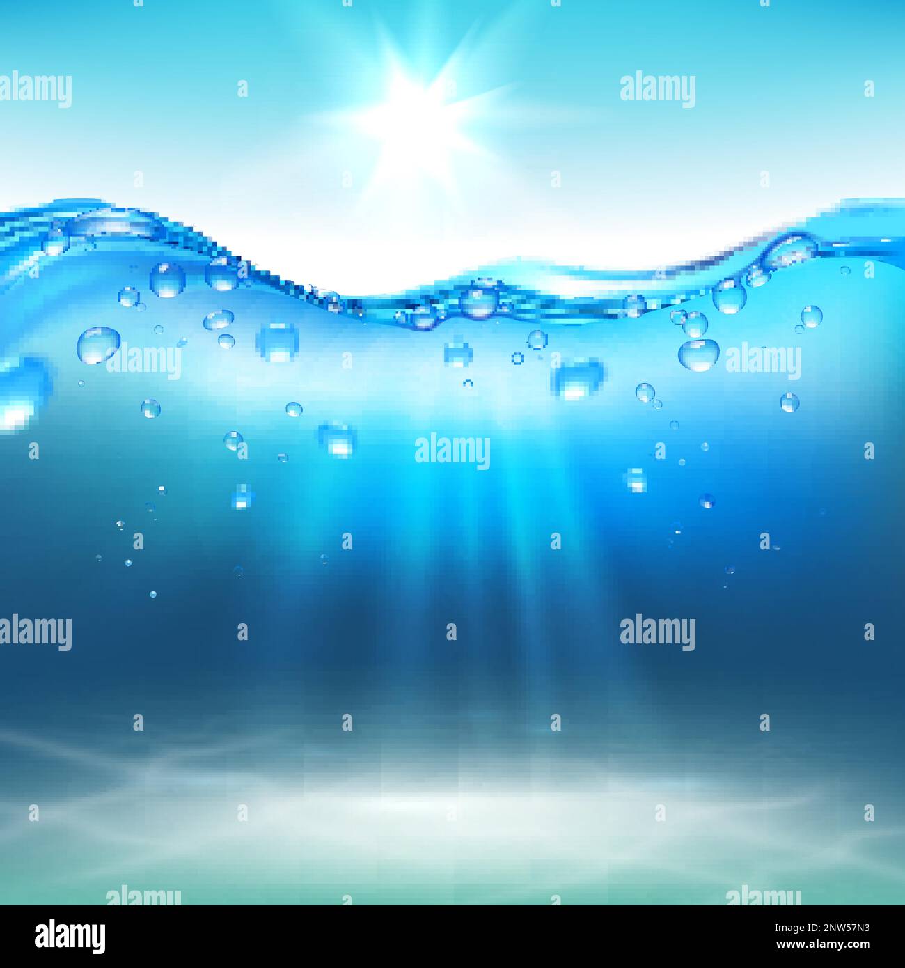 Blue water wave with bubbles and sun rays on sea bottom realistic ...