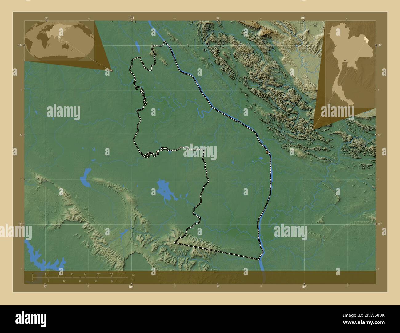 Nakhon Phanom, province of Thailand. Colored elevation map with lakes ...