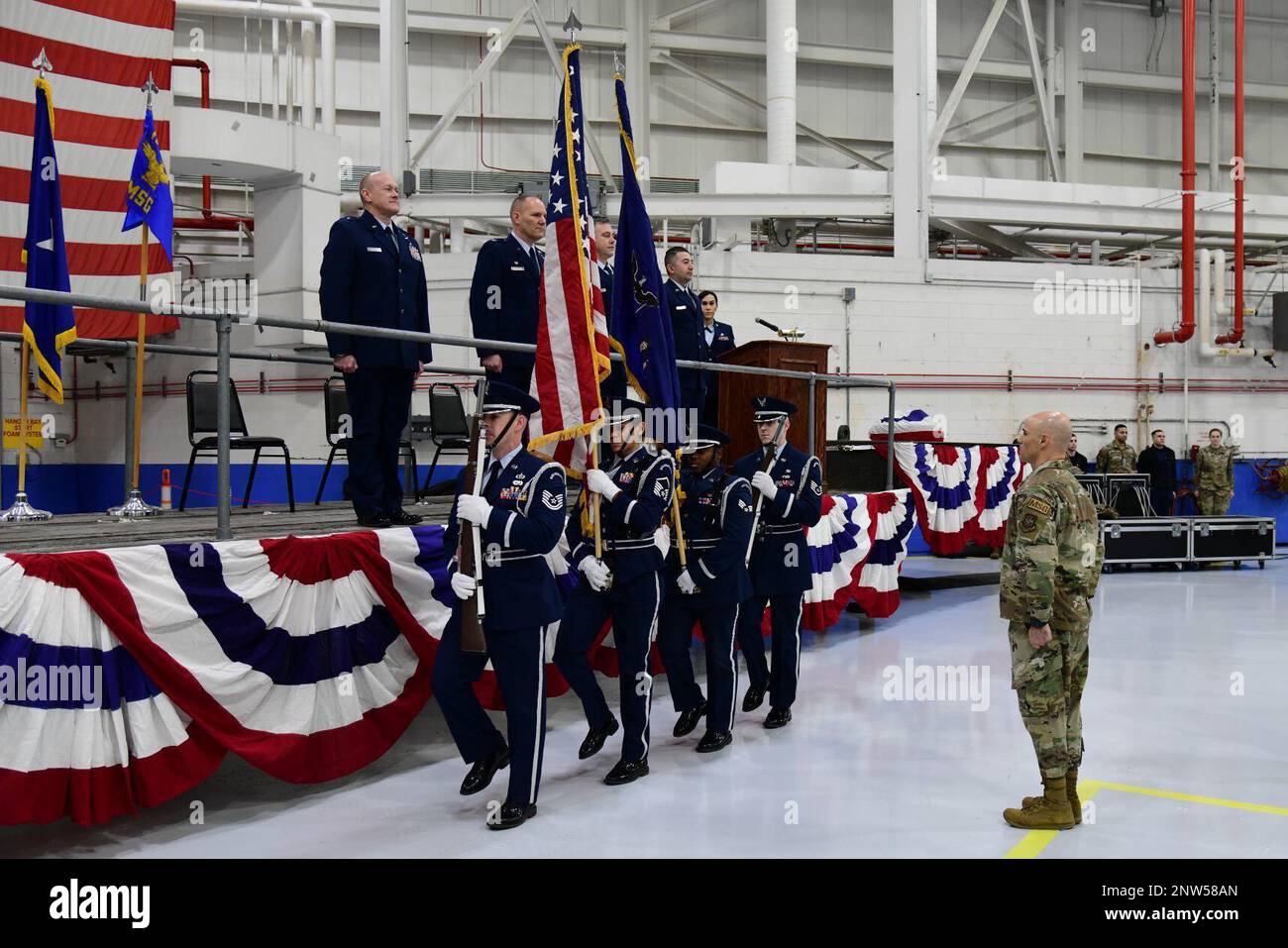 Members of the 105th Airlift Wing Honor Guard post the colors during ...