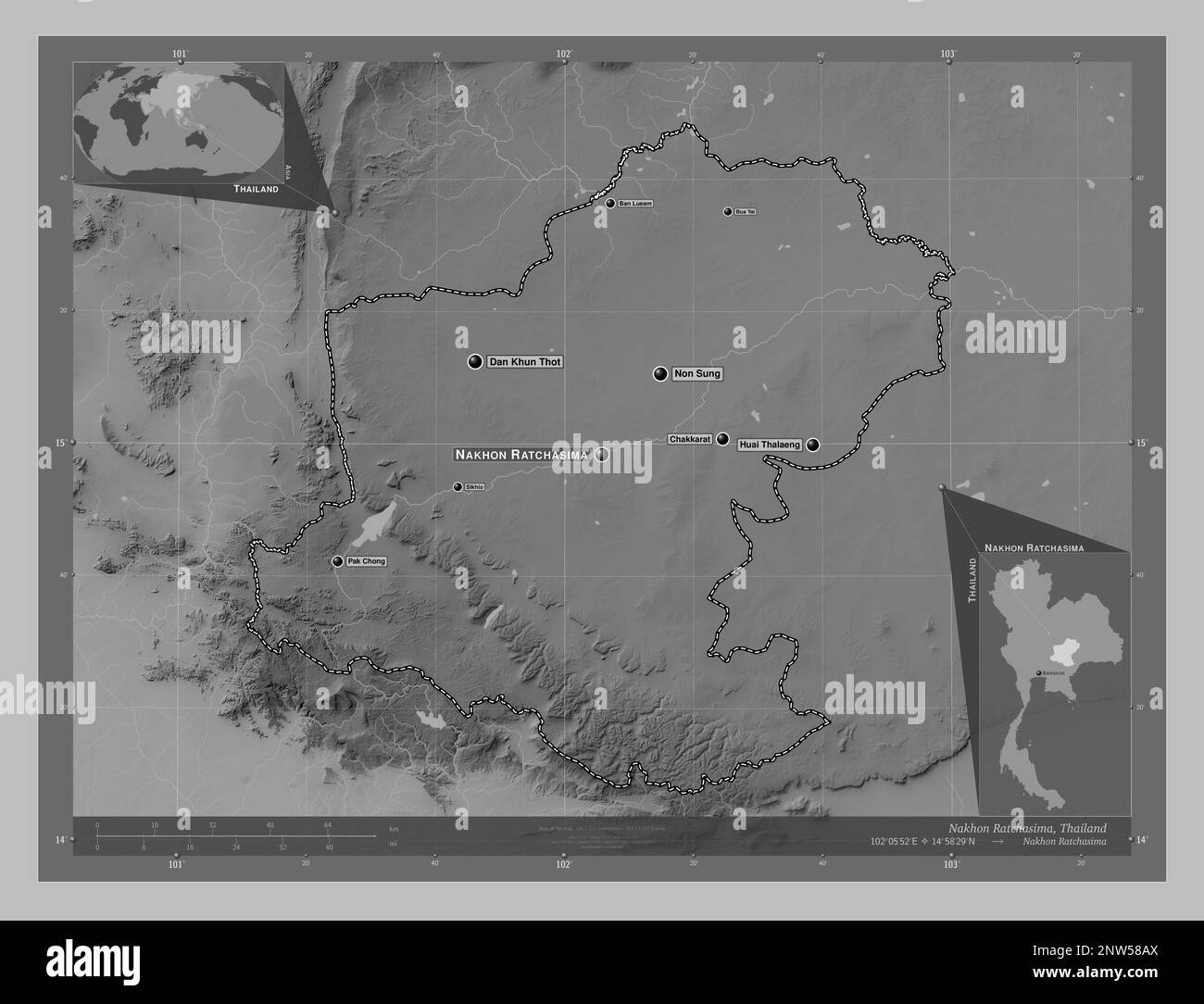 Nakhon Ratchasima, province of Thailand. Grayscale elevation map with ...